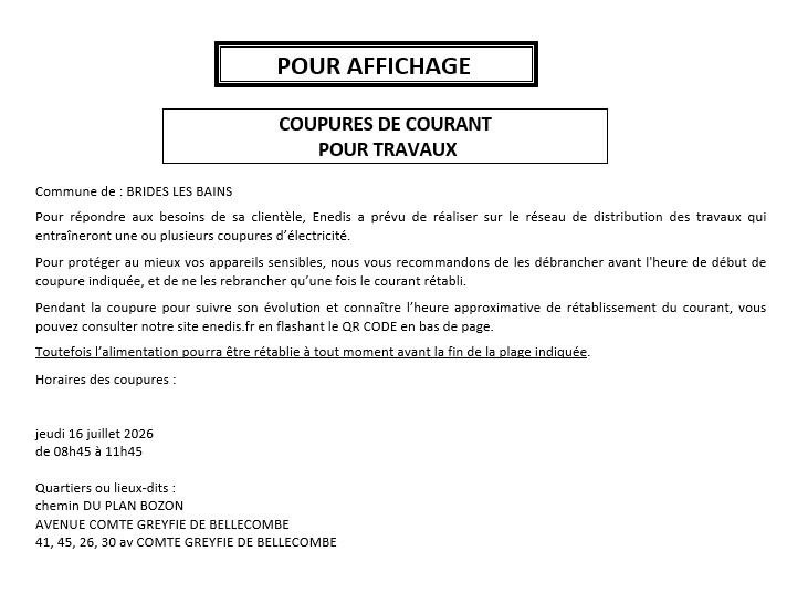 Coupures de courant pour travaux - 16 juillet 2026 - Brides-les-Bains